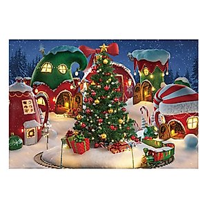 Funnytree 7x5FT Cartoon Christmas Village Photography Backdrop Winter Snow Pine Tree Background Xmas Fairy Tale Animated Kid Party Photo Booth Banner Supplies