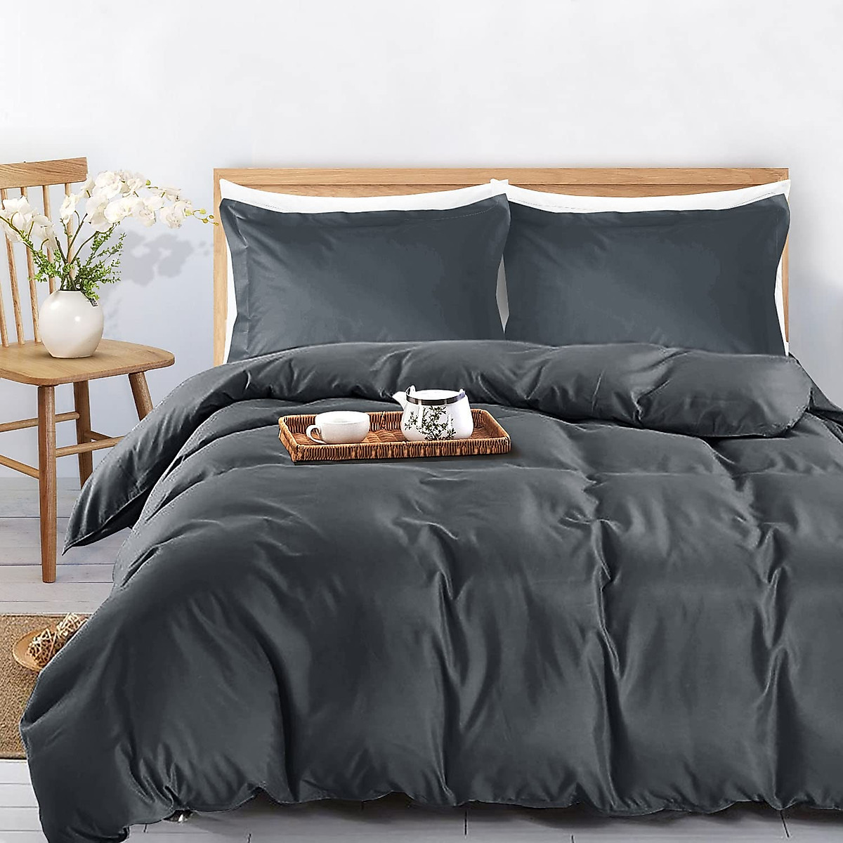 MOONLIGHT20015 Grey Duvet Cover Full - Soft 3 Piece Quilt Cover Brushed Microfiber Bedding Duvet Covers with Button Closure, 1 Full Size Duvet Cover 80x90 inches and 2 Pillow Shams