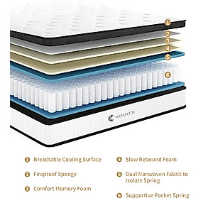KOANTTI King Size Mattress,14 Inch Memory Foam Hybrid White King Mattresses,Pocket Spring King Mattress in a Box for Sleep Supportive Pressure Relief,Medium Firm Mattress.