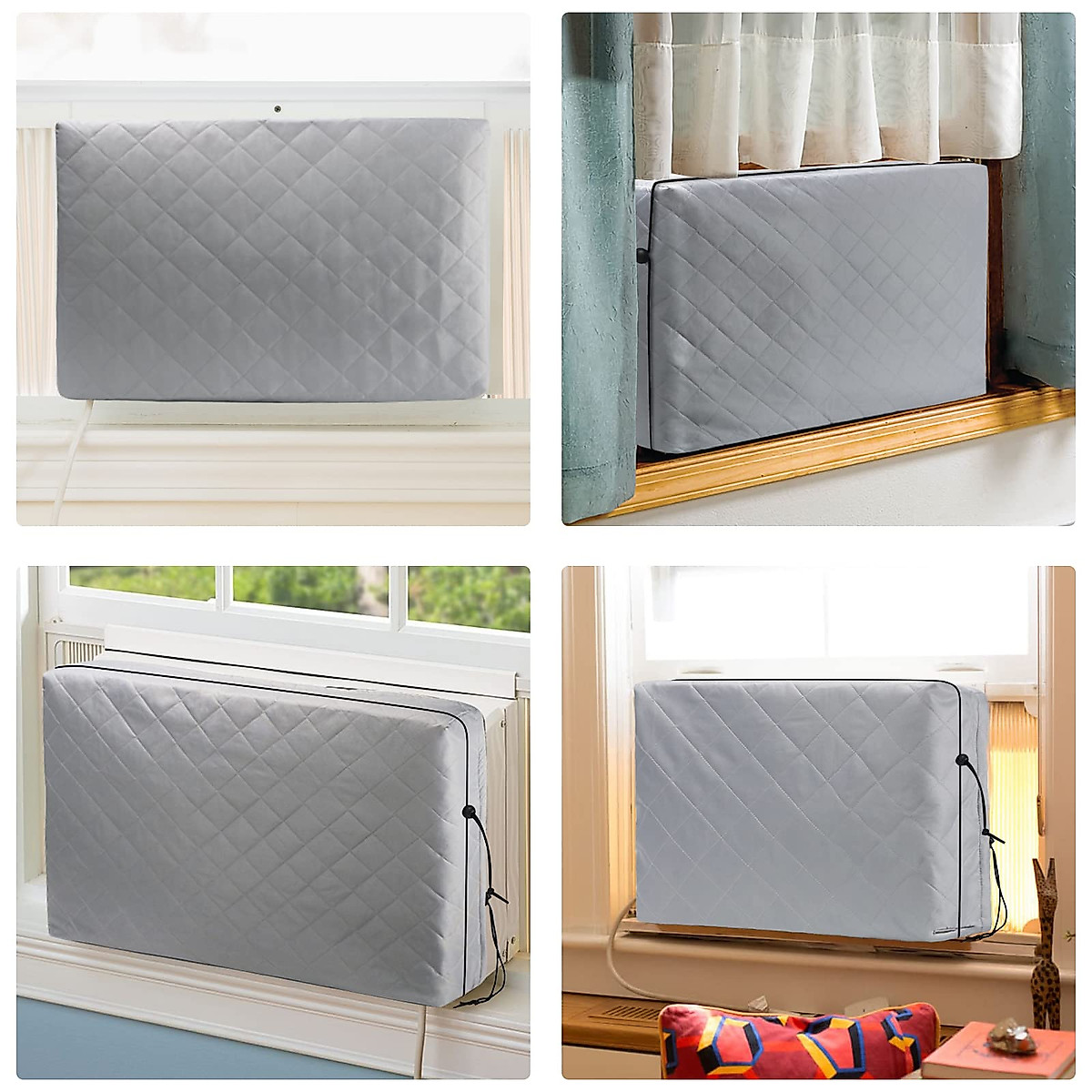 BEWAVE 2 Pack Indoor Outdoor Window Air Conditioner Cover Adjustable Window AC Unit Cover with Drawstring Double Insulation 25"x17"x3.5" for Inside Dust-Proof Waterproof 25.5”x20.5”x18” for Outside
