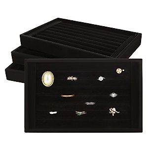 CertBuy 4 Pack Ring Display Tray Jewelry Organizer, Black Velvet 7 Slots Ring Earrings Showcase Trays Holder, Stackable Drawer Ring Display Tray Jewelry Showcase for Multiple Rings Drawer Inserts