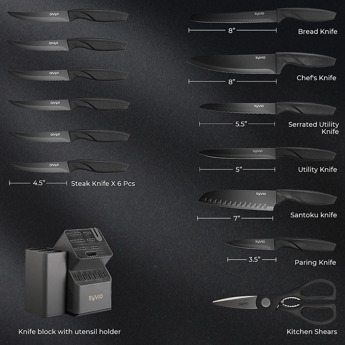 syvio 21-in-1 Kitchen Knife Set, Knife Sets with Block and 6 PCS Kitchen Utensils Set, Knives Set for Kitchen 15 Pieces with Built-in Sharpener, Utensils Holder for Storing Kitchen Tools
