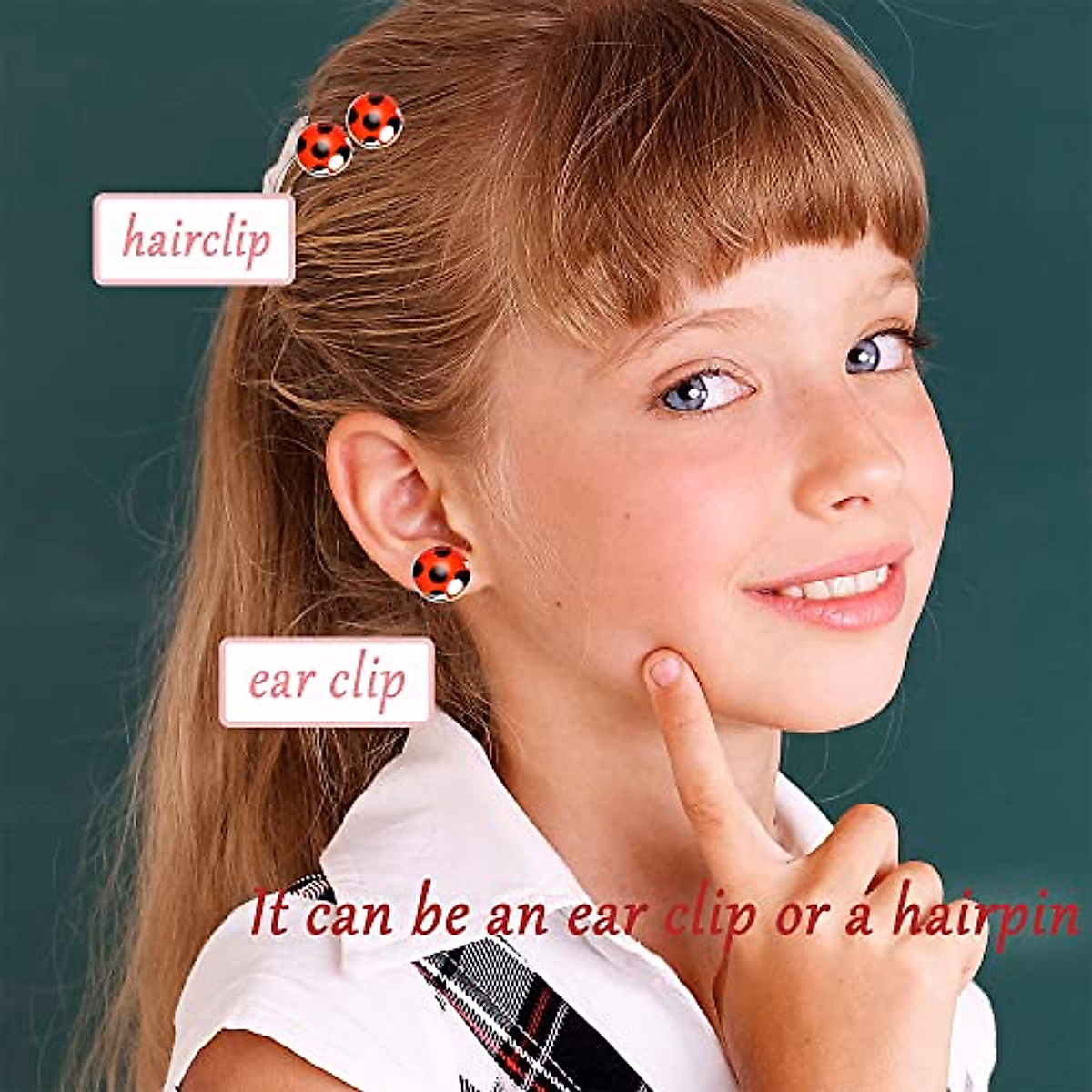 Magical Lady Earrings For Girls Ear Clip No Pierced Black Spot Red Cat Jewellery noir ring or hair clips (2 PACK)