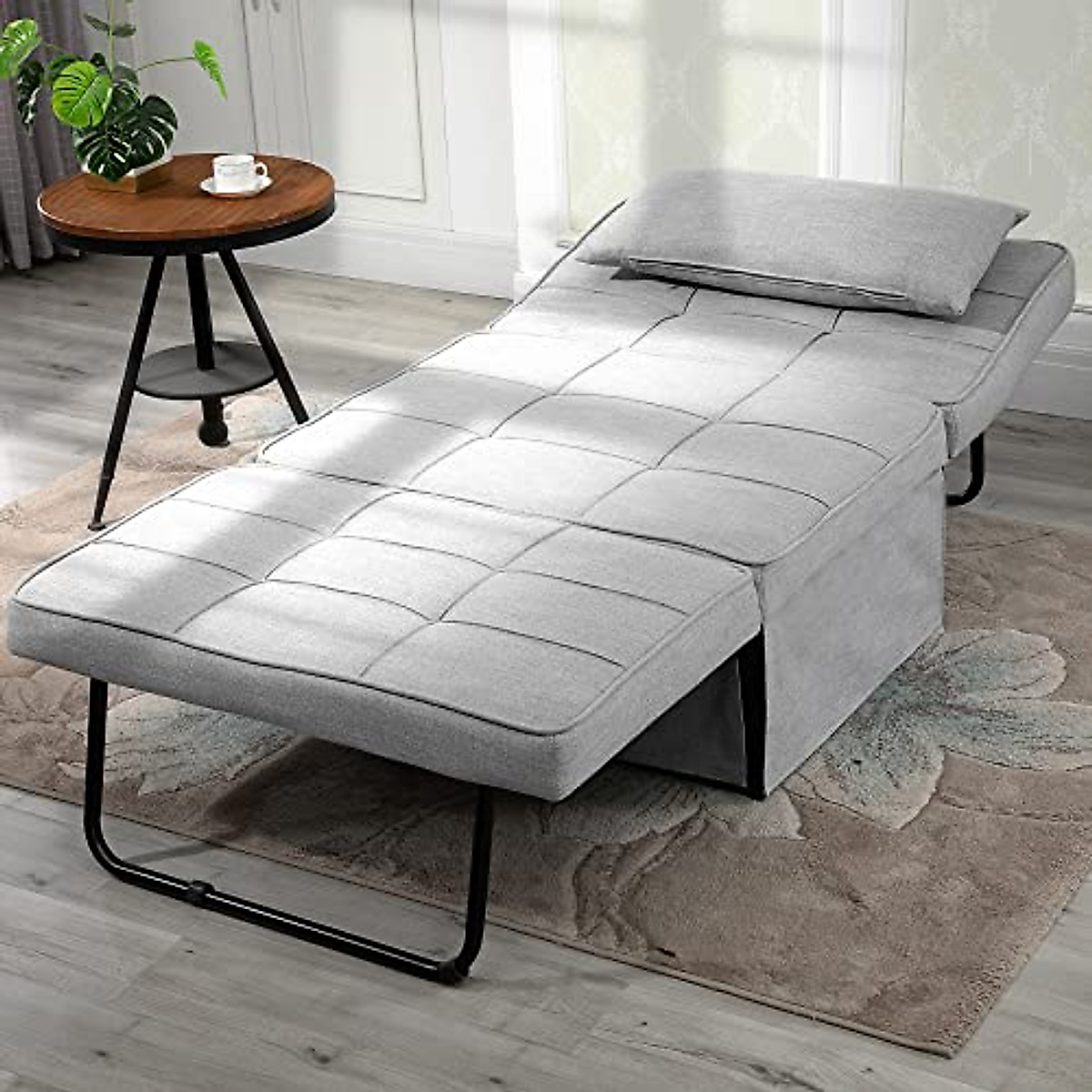HOMCOM 4-in-1 Design Convertible Sofa Tea Table Lounge Chair Single Bed with 5-Level Adjustable Backrest, Footstool and Metal Frame for Living Room Bedroom, Grey