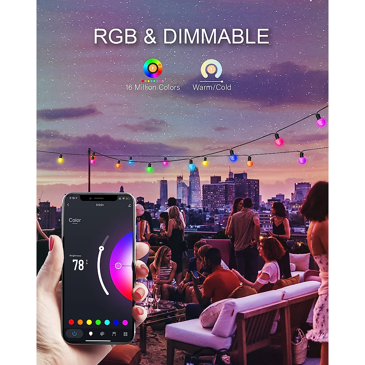 ASAHOM Smart LED Outdoor String Lights, 50ft G40 RGB Globe Patio Lights, 25 Shatterproof Multi-Color LED Bulbs, Voice & WiFi APP Control, Waterproof Connectable Hanging Lights for Garden Party Decor