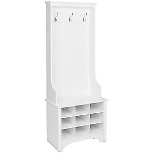 Prepac White Hall Tree, Shoe Cabinet, Storage Cabinet with 9 Shoe Cubbies and 3 Double Coat Hooks 15.5" D x 27" W x 68" H