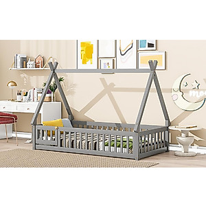 TURRIDU Twin Tent-Shaped Solid Wood Bed with Door & Guardrails,Montessori Floor Bed Frame with Wood Slat Support, Grey Teepee Bed for Toddlers Boys Girls, No Box Spring Needed
