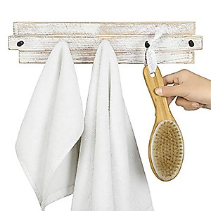 MyGift 15 Inch Whitewashed Wood Towel Hanger Wall Rack with 5 Peg Hooks, Bathroom Robe and Hand Towel Hooks