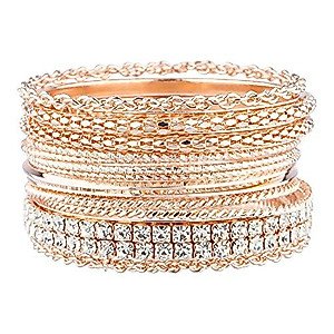 LUX ACCESSORIES Women's Pave Braided Mesh Wire Multi Bangle Set (ROSEGOLD)