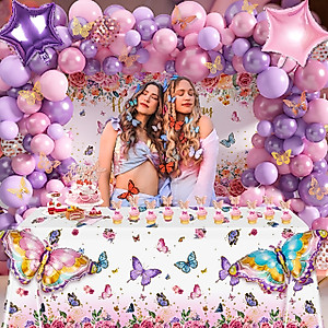 Butterfly Birthday Decorations Party Supplies for Girls Women with Pink Purple Balloon Arch Kit Backdrop Tablecloth Butterfly Wall Decor Foil Balloons Cake Toppers
