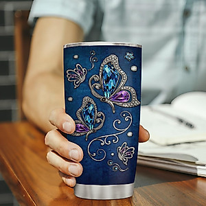 Wassmin Butterfly Tumbler Butterflies Gift For Women Girls Teen Jewelry Drawing Style Stainless Steel Insulated Tumblers 20oz Coffee Travel Mug Cup With Lid Birthday Christmas Presents