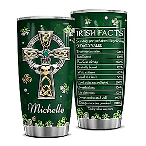 Wassmin Personalized St Patricks Day Tumbler Irish Fact Celtic Cross Jewelry Drawing Stainless Steel Tumbler 20 Oz 30 Oz with Lid Travel Mug Saint Paddy's Day Gifts for Irish Women Men Family Friends