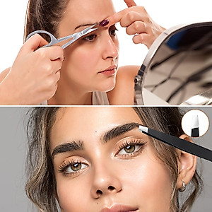 Nose Hair Scissors, Ear Hair Facial Hair Scissors, Eyebrow Grooming Scissors, Stainless Steel Small Beauty Trimming Scissors, Curved and Rounded Scissors, Mirror, Travel Case, Tweezer, Men and Women