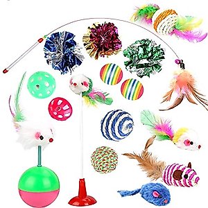 Depets Cat Toys Kitten Toys Assortments, 16PCS Variety Kitty Toy Set Including Interactive Feather Teaser Toy, Mouse Tumbler, Mylar Crinkle Balls Bells Toys, for Chewing Playing (Random Color)
