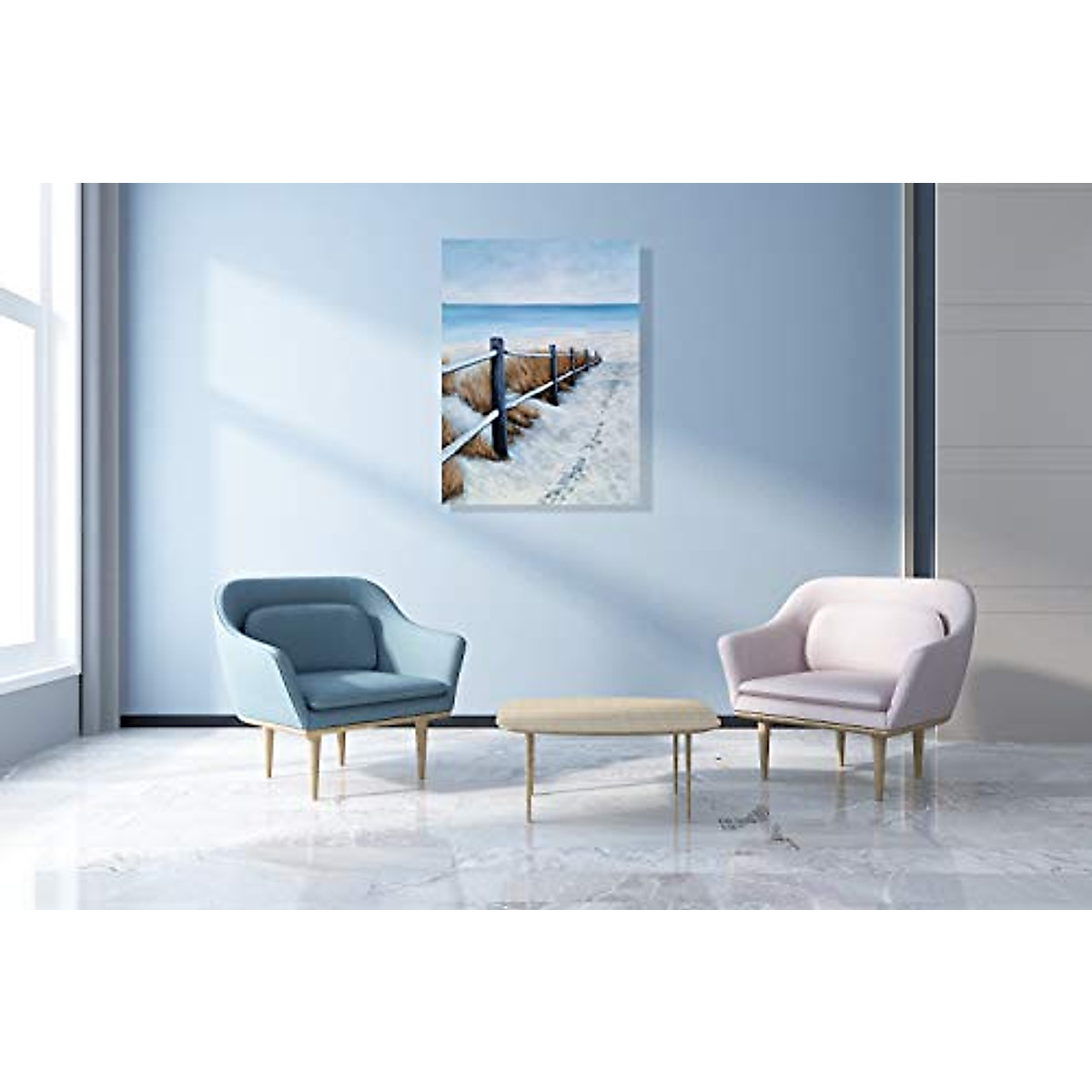 YHSKY ARTS Beach Canvas Wall Art Hand Painted Blue and White Painting with Fence Modern Abstract Coastal Pictures Contemporary Vertical Nautical Artwork for Living Room Bedroom Bathroom Decor