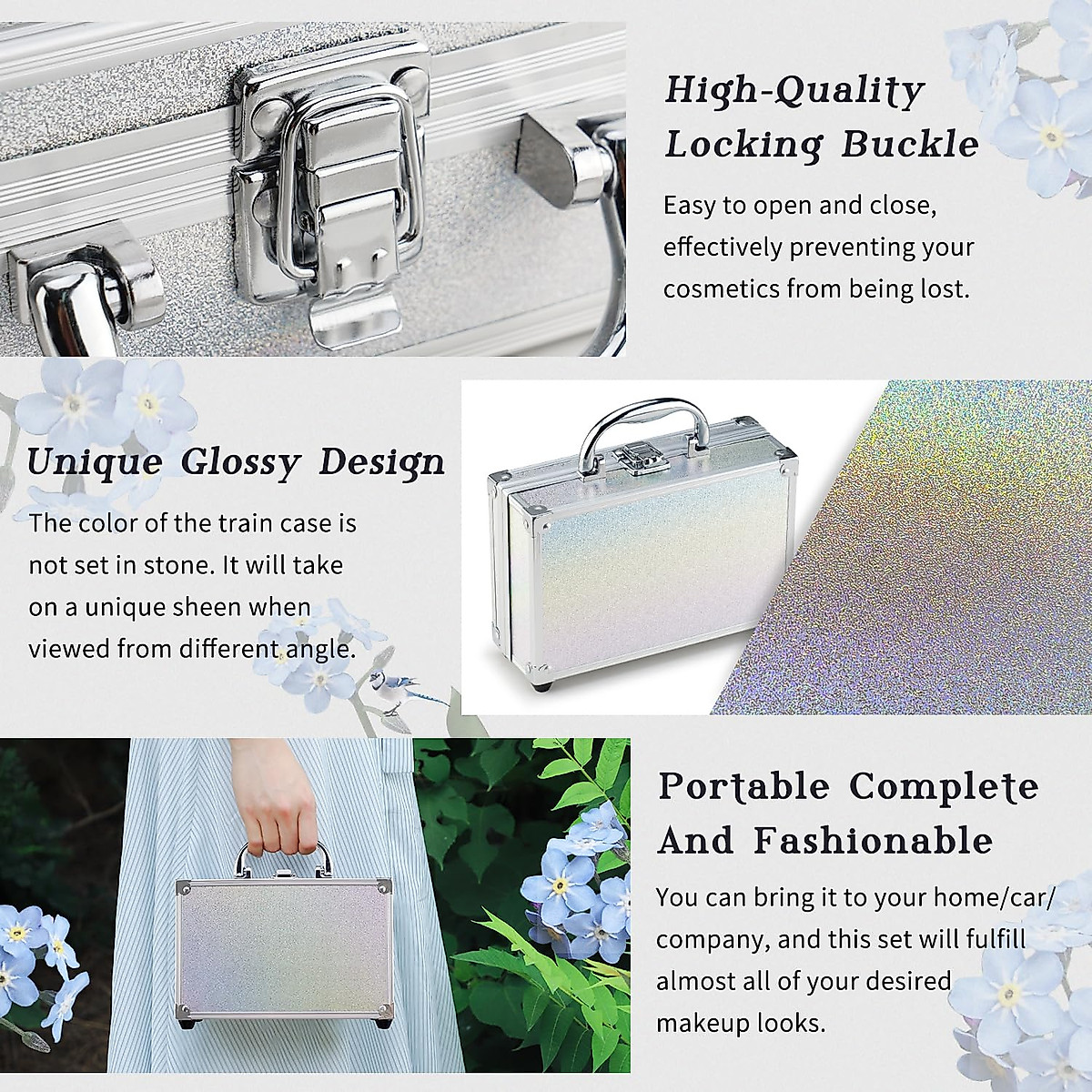 Color Nymph Beginner Makeup Kits For Teens With Train Case Included Full Makeup Kit Eyeshadow Palette Blushes Bronzer Highlighter Lipstick Brushes Mirror (Silver)