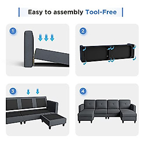 HONBAY Convertible Sectional Sofa U Shaped Couch 4 Seat Sofa with Double Chaises for Living Room, Bluish Grey