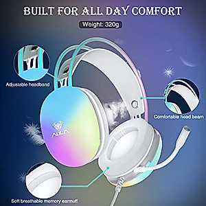 AULA USB Gaming Headset with Mic for PC, RGB Rainbow Backlit Headset, Virtual 7.1 Surround Sound, 50mm Driver, Soft Memory Earmuffs, Wired Laptop Desktop Computer Headset, Pink, S505