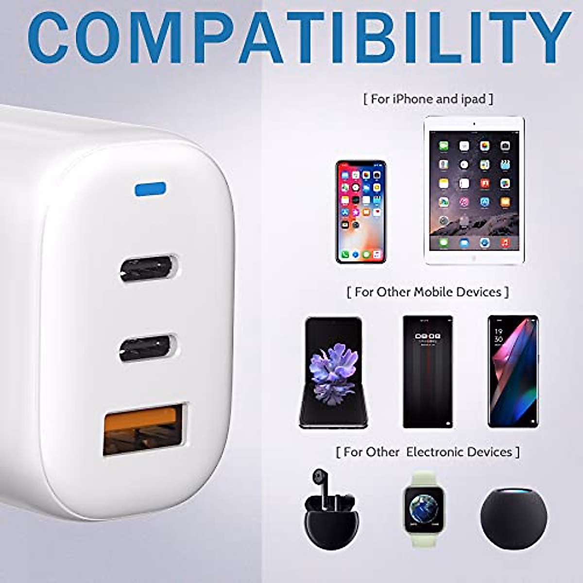 65W USB C Charger, Etre Jeune 3-Port GaN Charger PD & QC3.0 Fast Charger Compact Foldable Wall Charger Compatible with Mac Book Pro/Air, iPad Pro, World Travel Adapter Kit US to UK, EU, AU