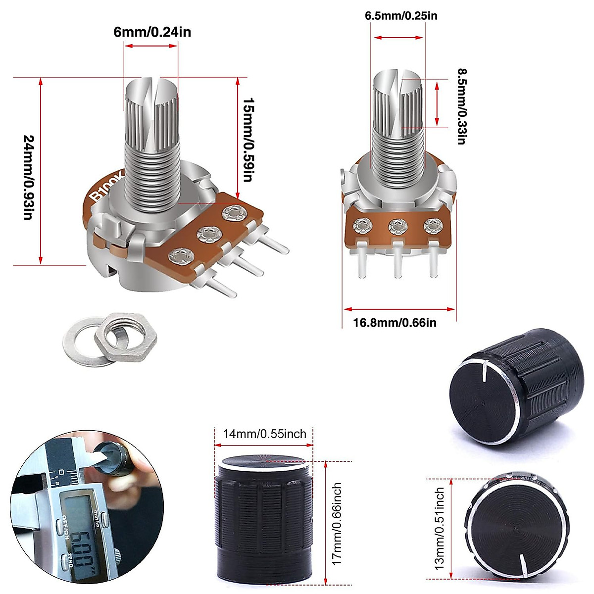 Taiss 80PCS Potentiometer Kit,WH148 B5K 10K 20K 50K 100K Ohm Single Linear Taper Rotary Audio B Type Potentiometers with Rotary knobs and Nuts, Washers