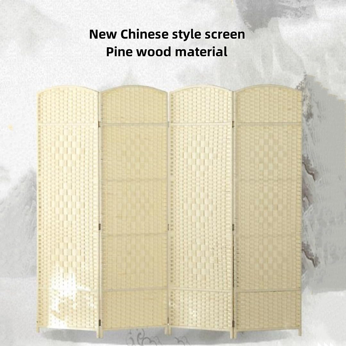 Modern Room Divider Panels，4 Panel Folding Wooden Privacy Screen, Freestanding Partition Screens for Bedroom Living Room Office (Top and Bottom Hollowed Out Milky White,66.9 * 15.7 in)