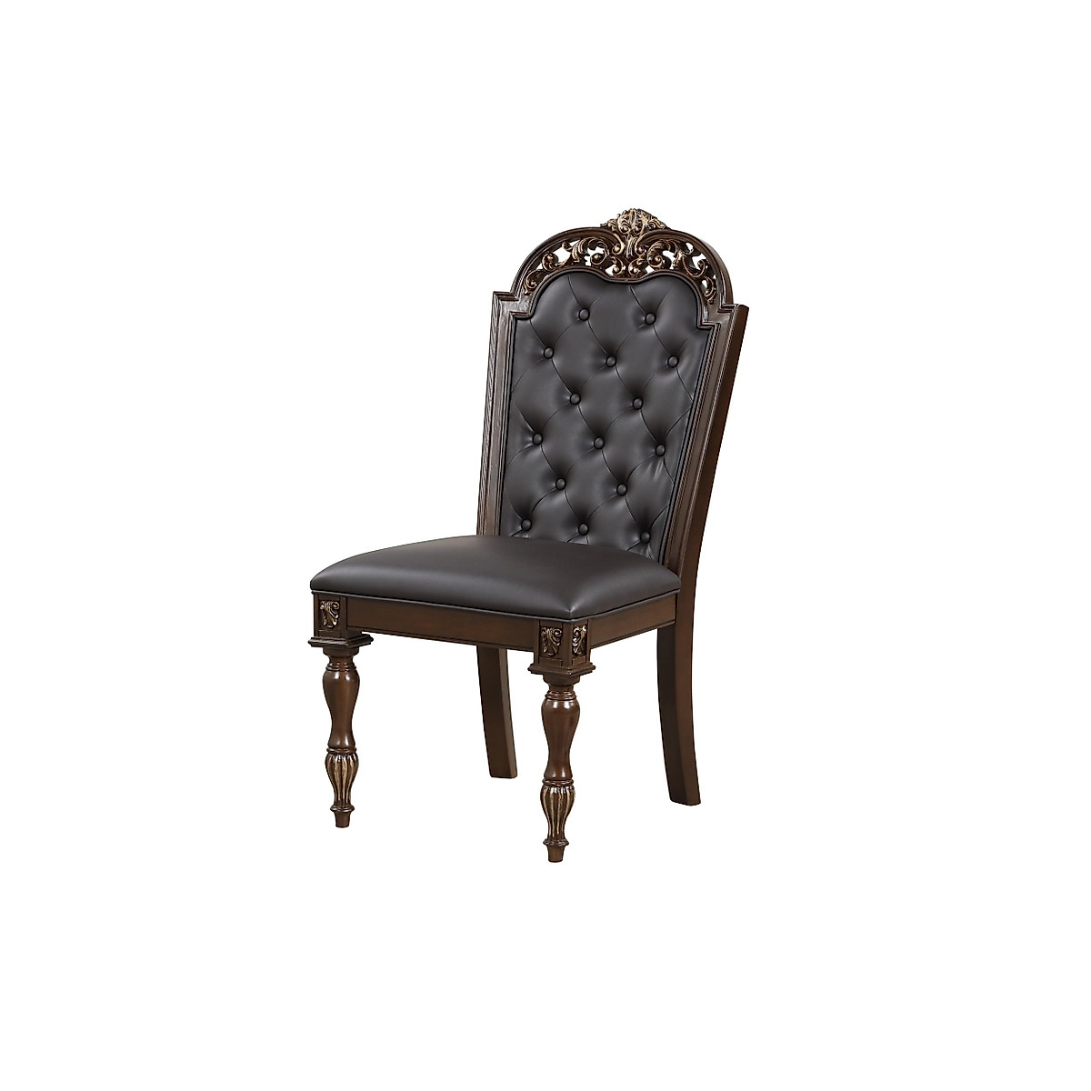 Benjara Mitch 21 Inch Tufted Dining Chair, Carved Details, Faux Leather Seat, Brown and Black