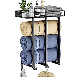 Ovicar Towel Racks for Bathroom - Wall Mounted Towel Rack with Metal Shelf & 3 Hooks, 3 Bars Wall Towel Holder for Small Bathroom, Bath Towel Storage for Rolled Towels Organizer (Black)