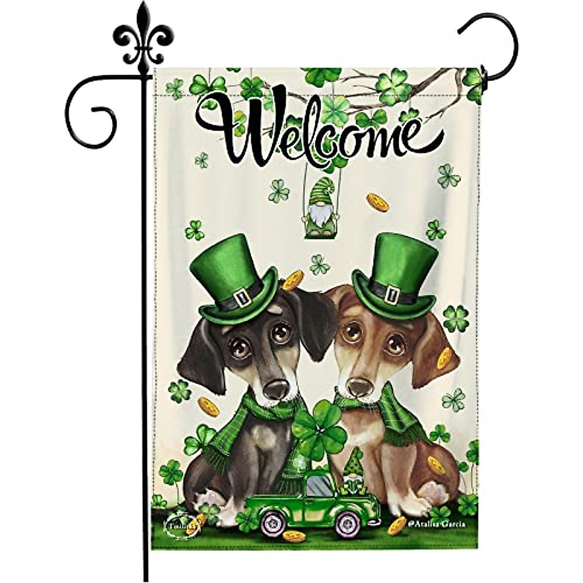 Welcome St. Patrick's Day Cute Dachshund Dog Puppy Lovers Luck Gnomes Green Garden Flag 12.5"x18" Double Sided Vertical Shamrock Clover Garden Flags For Outdoor Home Patio St. Patricks Yard Flag Decor