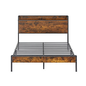 Full Size Bed Frame with Headboard and Storage Shelf, Metal Bed Frame with Charging Station(USB Port, Outlets), No Box Spring Needed, Noise Free, Full Bed Frame Rustic Brown (Rustic Brown, Full)