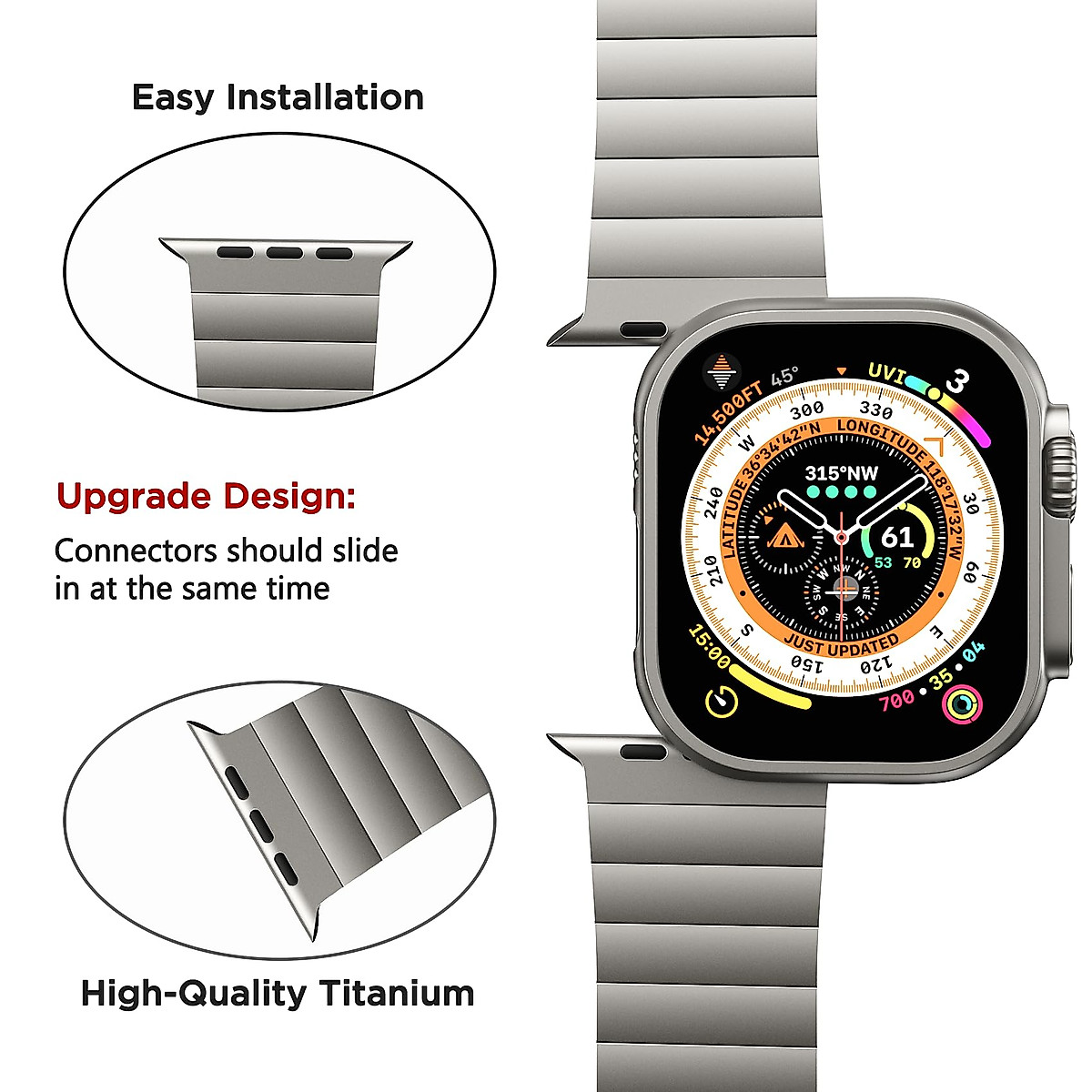 LULULOOK Band for Apple Watch Ultra/Ultra2, Titanium Band for iWatch 49MM [DLC-Scratch Resistant Process]- Titanium Color for Big Wrist