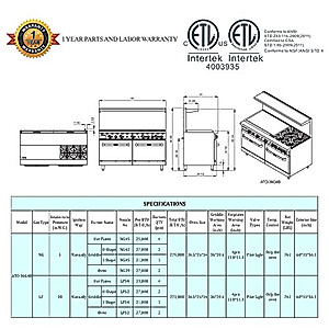 CookRite Commercial Natural Gas Range 4 Burner Hotplates With 36 Manual Griddle 2 Standard Ovens 60'' Restaurant Range - 229,000 BTU