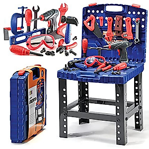 Play22 Kids Tool Set Bench 76 Pc - Toddler Tool Bench Set with Electronic Play Drill - STAM Educational Toy Pretend Play Construction Work Shop - Preschool Toy Gift for Kids Children Boys and Girls