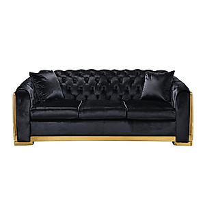 Anwick Velvet Chesterfield Sofa Classic 3 Seater Couch Modern Upholstered Sofa with Tufted Back and Two Pillows for Living Room Office (Black)