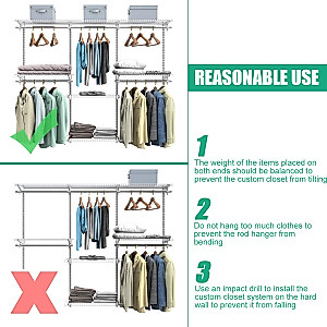 S AFSTAR 4 to 6 FT Mounted Closet Systems, Height Adjustable Custom Clothes Closet Kit with 3 Hanging Rod & 6 Storage Shelves, Wall-Mounted Clothes Closet Organizer for Bedroom Apartment, White