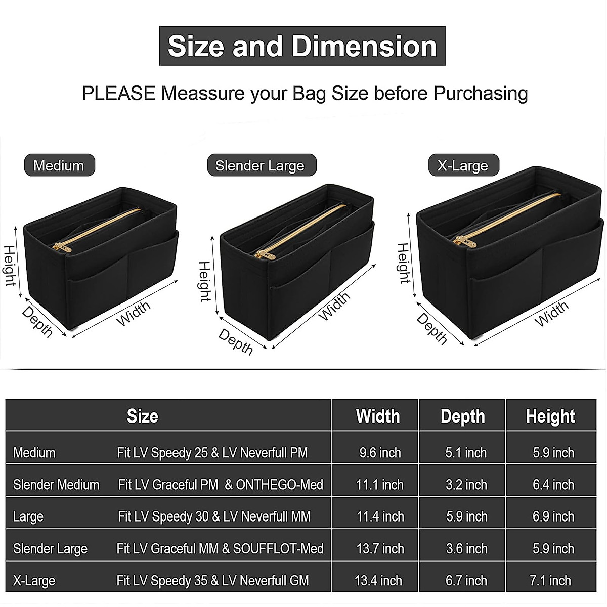 OMYSTYLE Black Organizer Insert, Felt Tote Bag Organizer Insert with 5 Sizes, Handbag Dividers for Inside Purse, Compatible with Longchamp, Neverful, Speedy and More