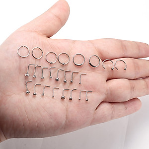 ZELORES 24PCS 20G Nose Ring Studs Stainless Steel Nose Rings Hoop L Shaped Nose Studs 8MM Hoop Nose Piercing Jewelry for Women Men (L-Shaped)