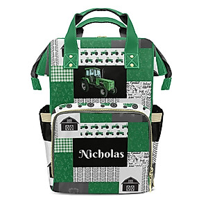 XIUCOO Personalized Patchwork Green Farming Vehicle Tractors Diaper Bag Backpack with Name Custom Nappy Mommy Bags for Baby Girl Boy Gifts