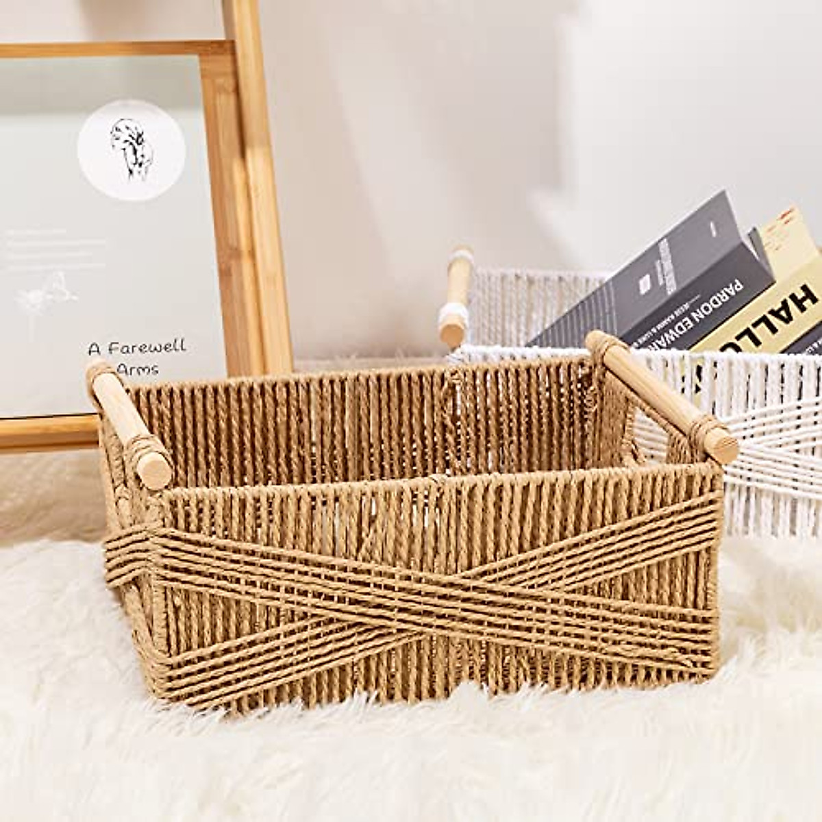 ANMINY 3 Pack Woven Storage Basket with Wood Handles Handmade Natural Paper Rope Decorative Boho Desk Wicker Storage Bins Box Set Nursery Baby Kid Large Meduim Small Shelf Organizer Container - Brown