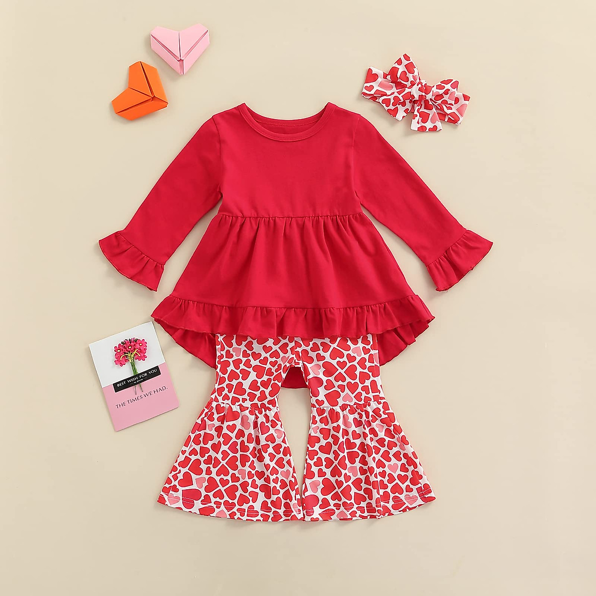 3Pcs Kids Toddler Baby Girl Valentine 's Day Outfits Red Long Sleeve Ruffle Shirt Heart Print Bell Bottom Pant Headband (Red, 90)