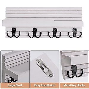 WeBravery Decorative Key Hanging Rack with 4 Double Hooks – Easy Install Natural Wooden Key and Mail Holder for Wall Mount – Entryway Decor Rack with Shelf (White)