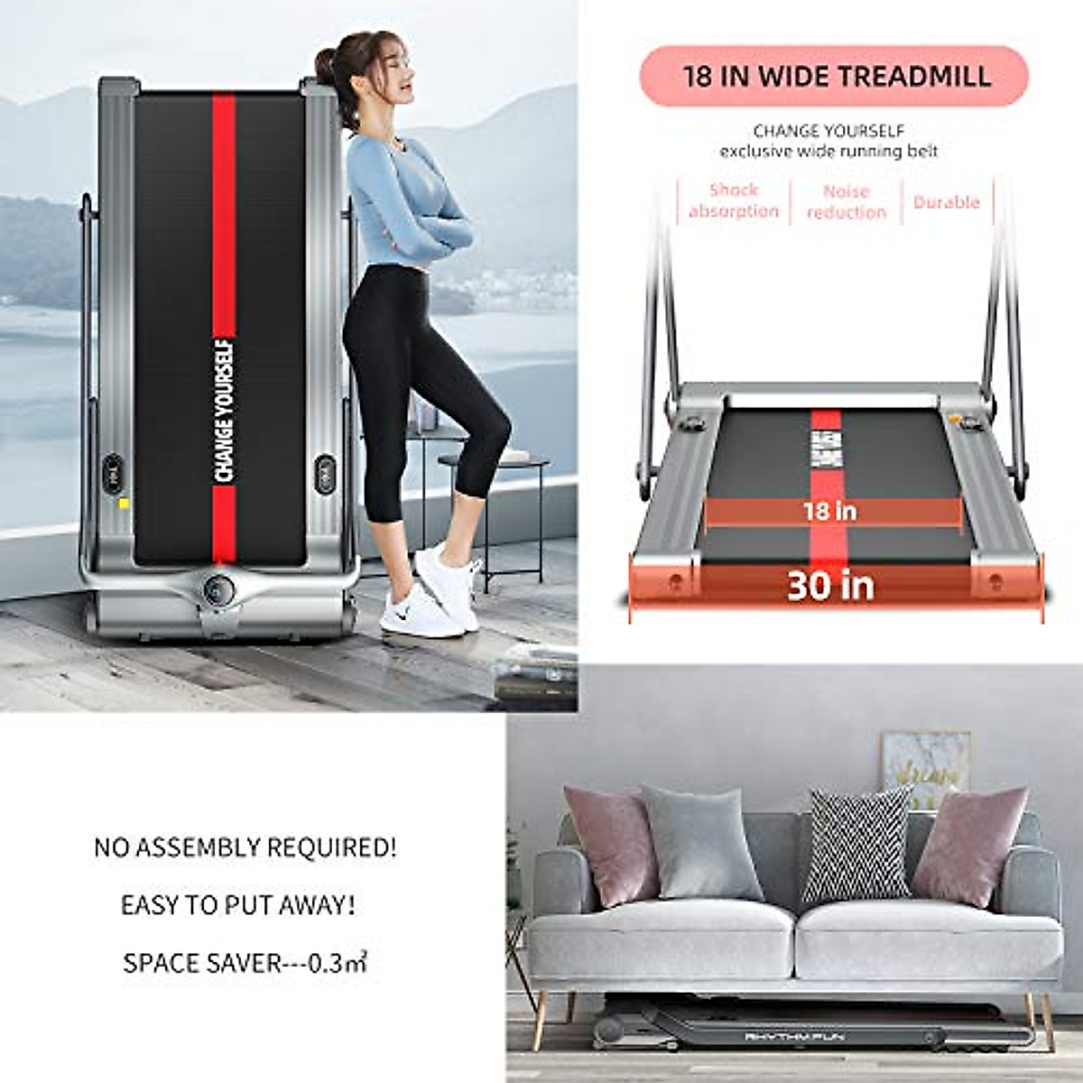 RHYTHM FUN Treadmill 2-in-1 Folding Treadmill Under Desk Walking Treadmill with Foldable Handrail Wide Tread Belt Super Slim Mini Quiet Home Treadmill with Smart Remote Control and Workout App（Sliver）