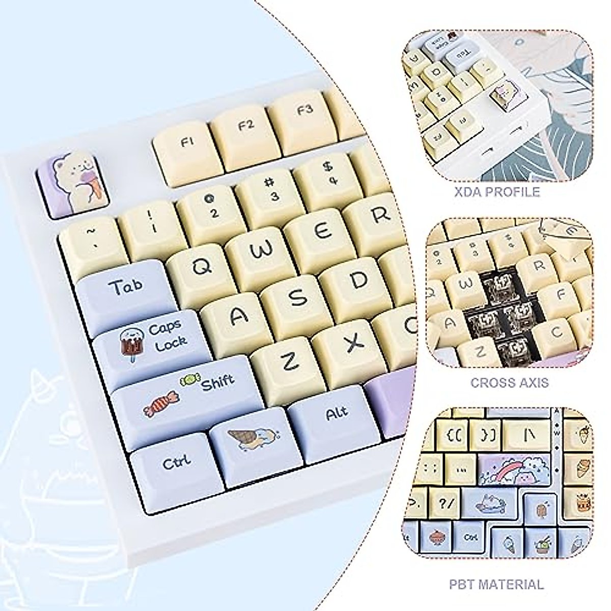 JOLINTAL 133 Keys Kawaii Keycaps Sets, PBT XDA Profile Keycaps, Dye-Sub Low Profile Keycaps 65 Percent Keycaps, Cute Cream PBT Keycaps Cherry MX Switch Keycaps for Mechanical Gaming Keyboard