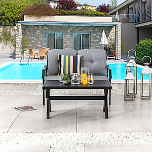 LOKATSE HOME Outdoor Loveseat and Coffee Table Metal Conversation Set Patio Furniture with Cushions for Poolside Backyard Lawn, Grey