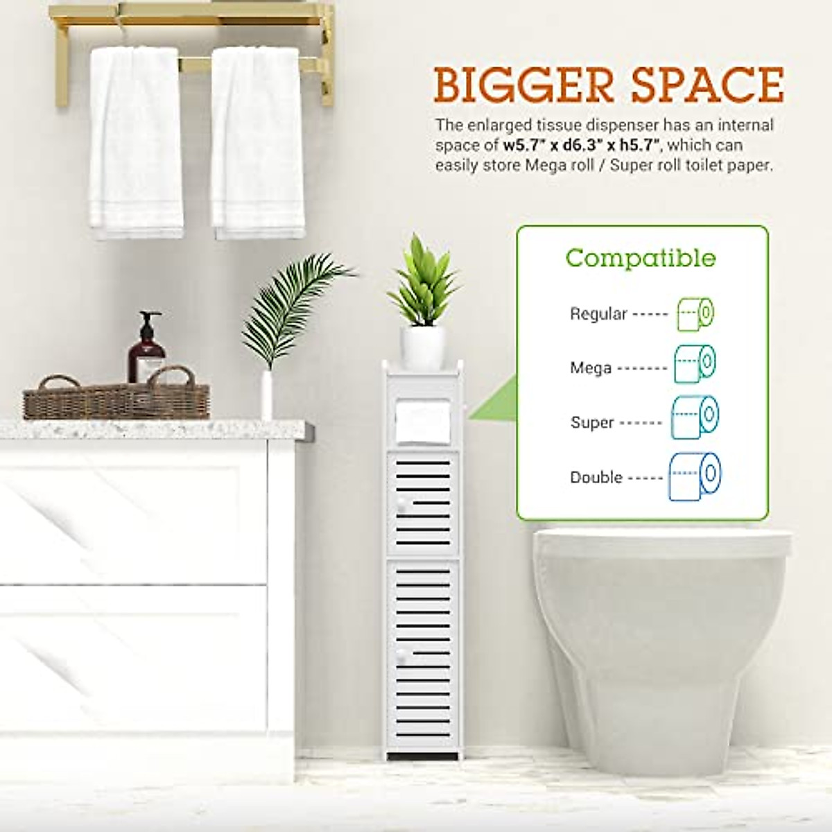 Bathroom Storage Cabinet for Small Space with Doors and Shelves, 4-Tiers Narrow Bathroom Cabinet,Waterproof Toilet Paper Storage Organizer with Toilet Paper Roller,Accommodate Mega Rolls(White)