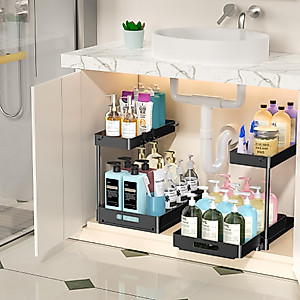 JWQ Under Sink Organizer 2 Pack, Pull Out L-Shaped Bathroom Kitchen Sink Organizers and Storage, Versatile 2 Tier Under Sink Cabinet Drawer Shelf, Bathroom Accessories and Kitchen Essentials, Black