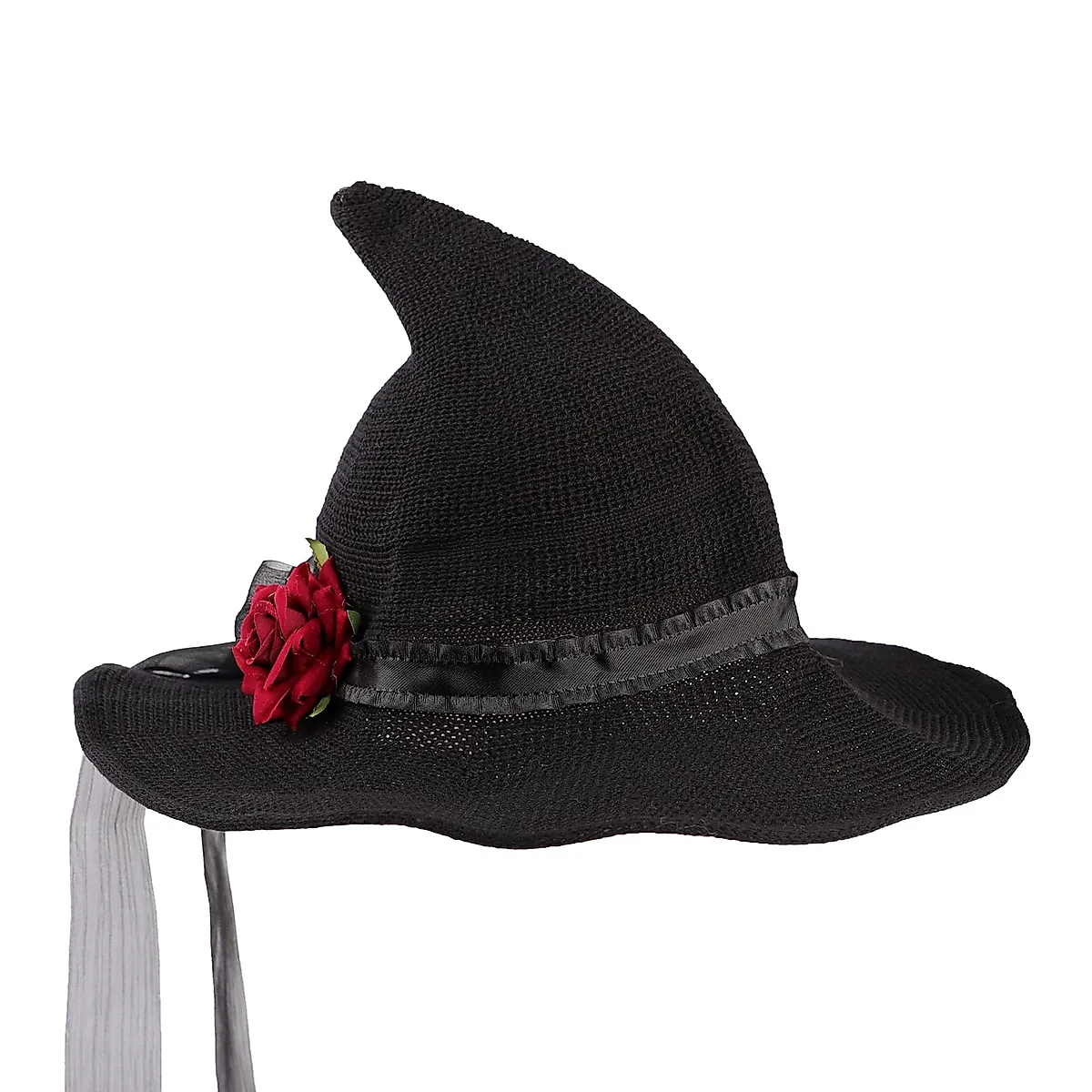 OhMill Women's Halloween Witch Hat Knit Head Ornament with Rose Big Bow Decoration,for Christmas Fancy Dress Cosplay Party Prop or Daily Wearing (Black Gauze Bow knot)
