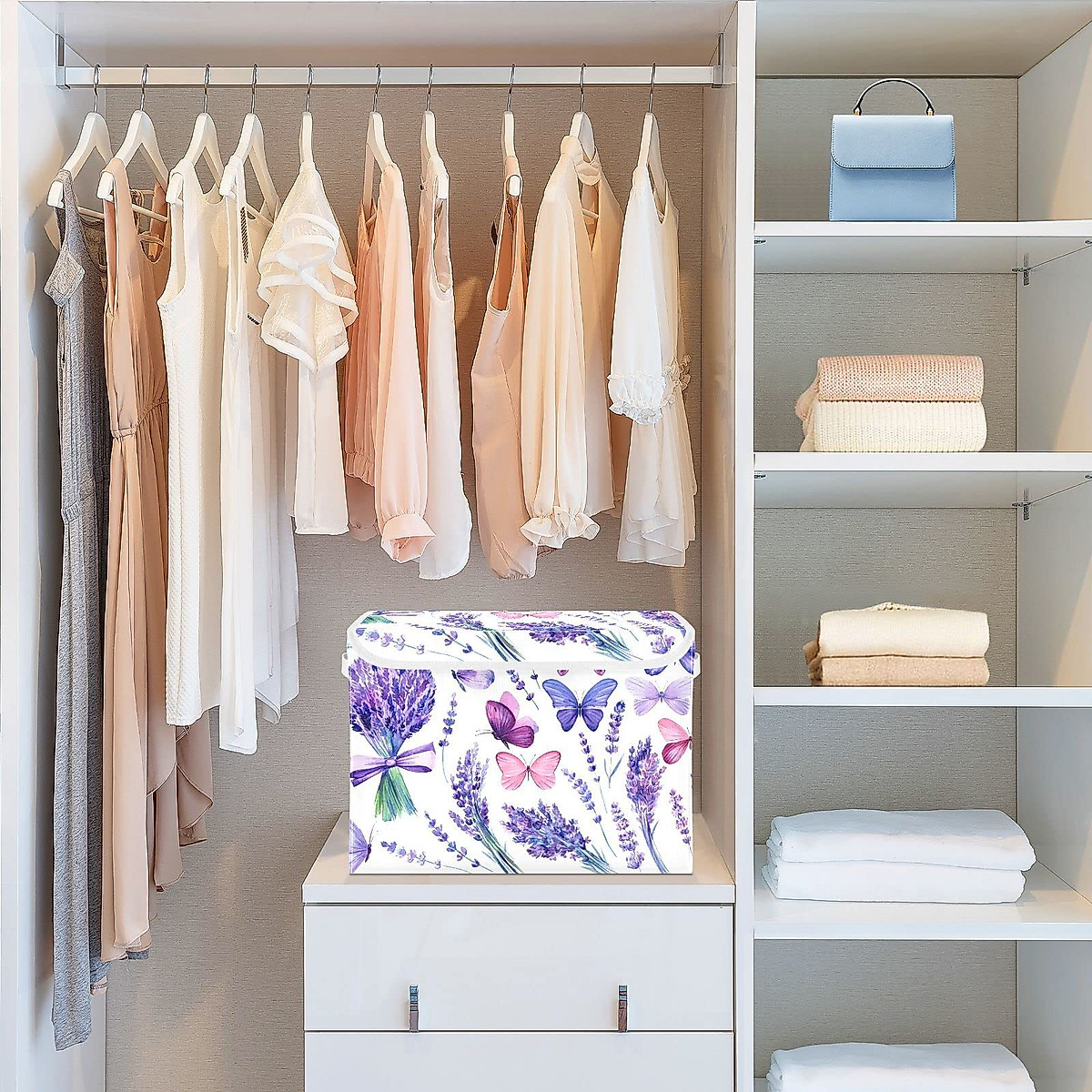 MFTJYO Storage Bin with Lid Purple Lavender Butterfly Foldable Storage Box Washable Fabric Storage Cubes Bin Organizer Basket Closet for Home Bedroom Closet Nursery Office