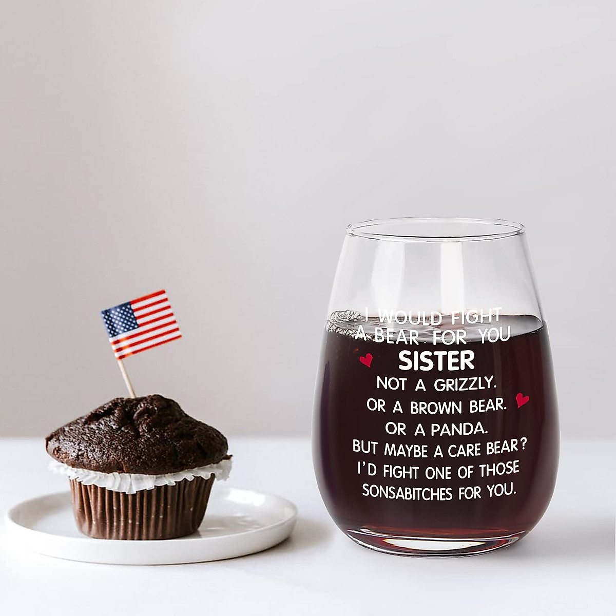 DAZLUTE Funny Sister Gift, I Would Fight A Bear for You Stemless Wine Glass, Sisters Gifts From Sisters, Birthday Christmas Galentines day Gifts for Sister Soul Sister Sister in Law Big Sister, 15Oz