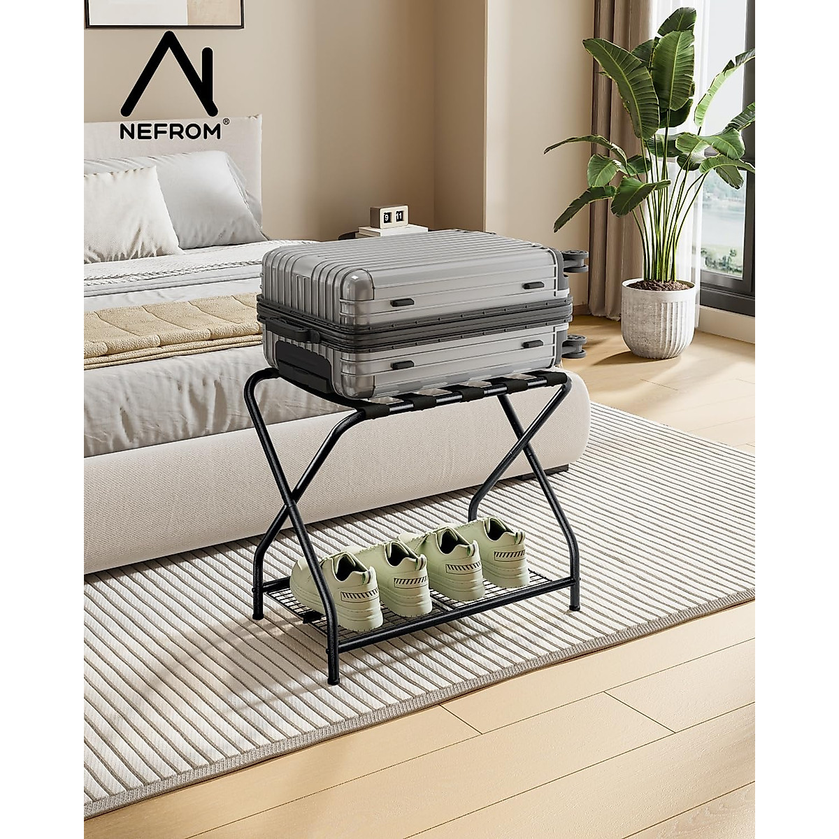 NEFROM Luggage Rack Pack of 2, Foldable Suitcase Stand with Storage Shelf, Metal Luggage Holder for Guest Room, Bedroom, Hotel LR-BK-2