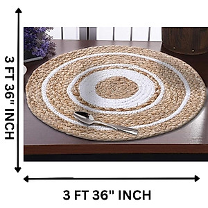 100% Jute Area Rug Approx 3 Feet - Braided Design Hand Woven Natural White Rings Carpet - Home Decor for Living Room Hallways - Round Natural Fibers 36" inch
